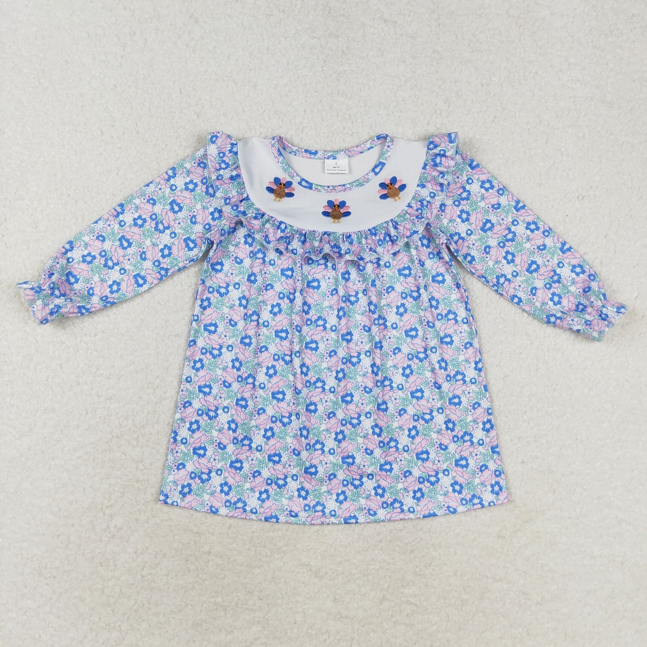 Baby Girl Blue Floral Thanksgiving turkey Embroidery Dress – Adorable ...